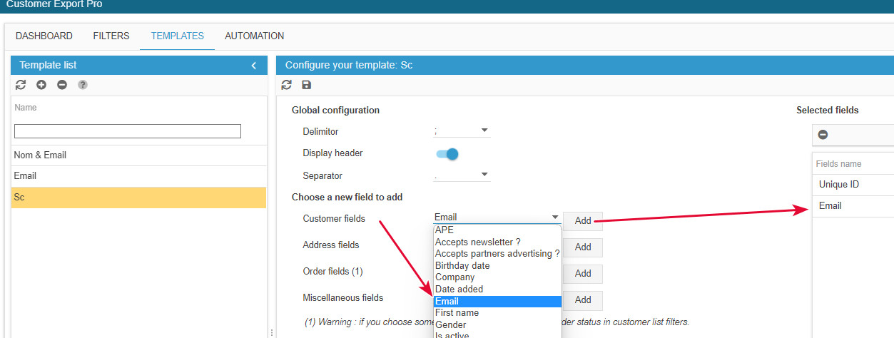 How to create a customer export template? prestashop